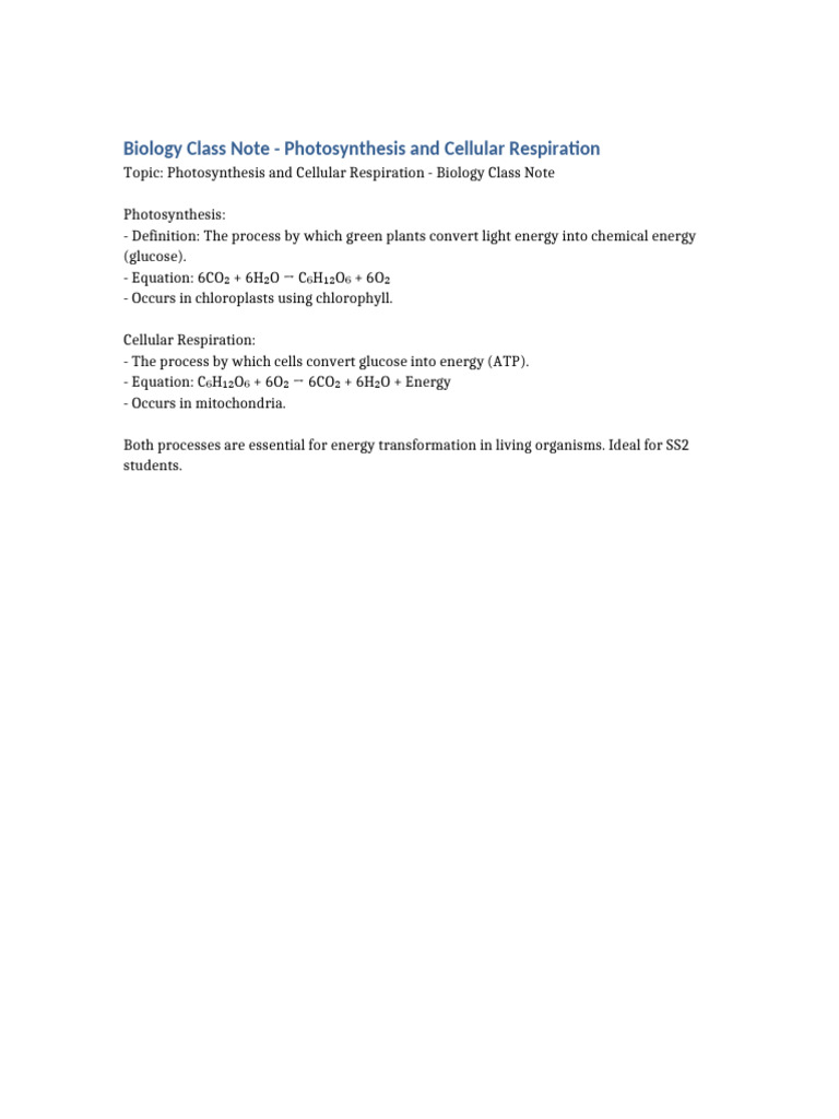 Biology Class Note - Photosynthesis and Cellular Respiration | PDF