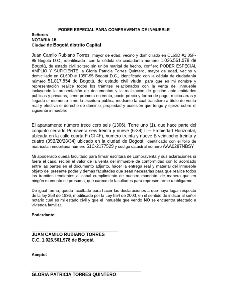 Poder Especial para Venta de Inmueble | PDF | Bogotá | Propiedad