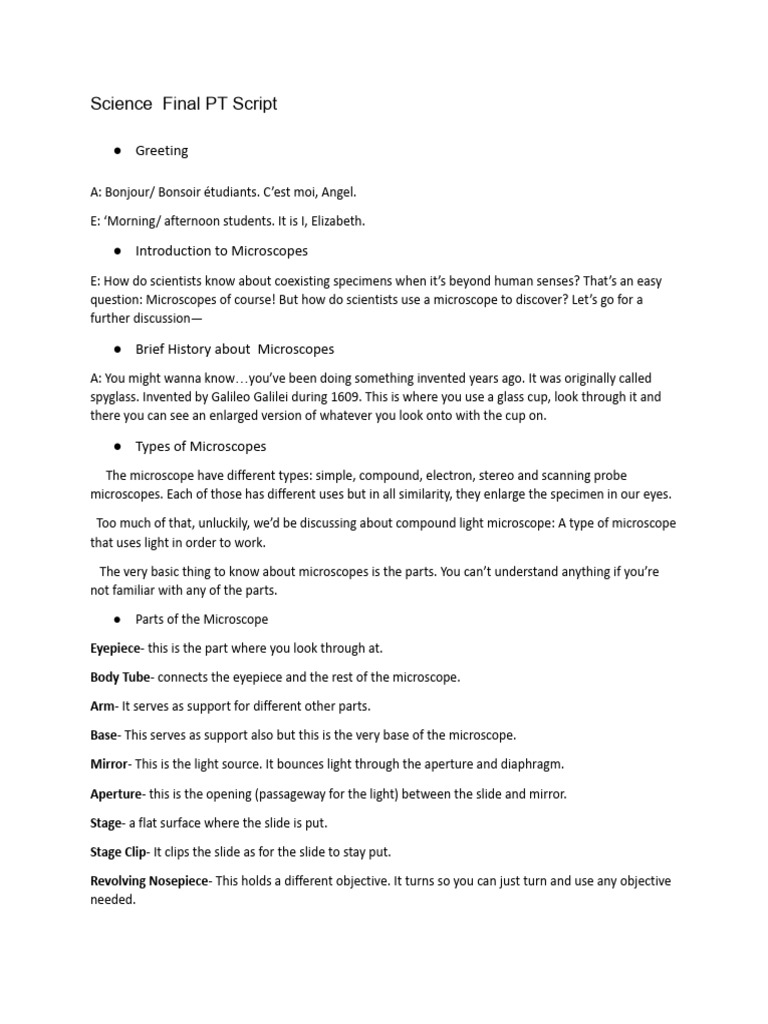 Science Final P.T Scripts | PDF | Microscope | Cell (Biology)