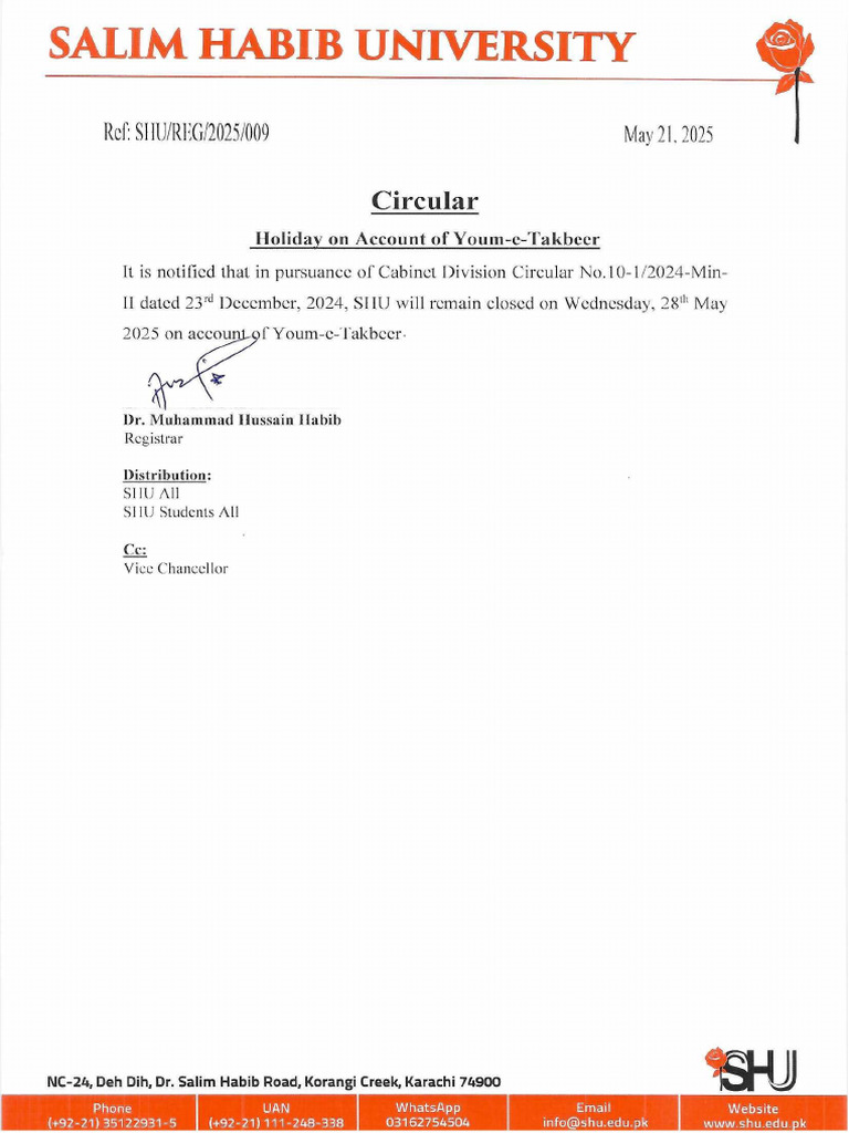 Circular Holiday On Account of Youm-e-Takbeer 21.5.2025 | PDF