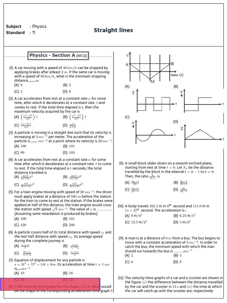 PHYSICS Motion in Straight Line Question For Neet and Jee | PDF ...