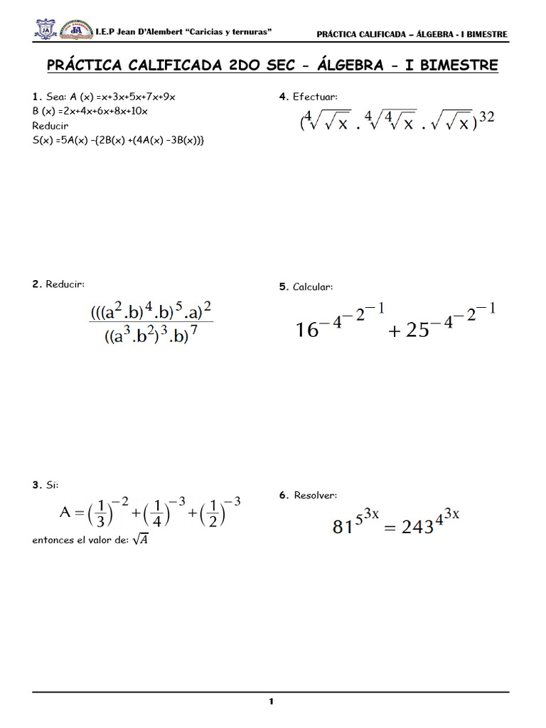 Practica Calificada - 2do Sec - Álgebra | PDF