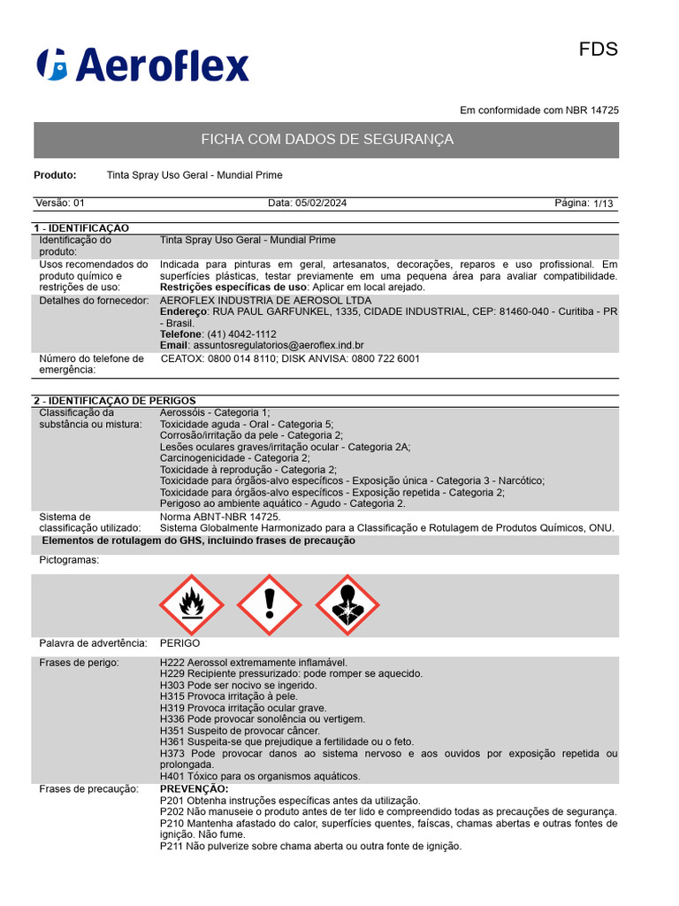 Fds - Tinta Spray Uso Geral Mundial Prime - Aeroflex | PDF | Temperatura | Incêndios