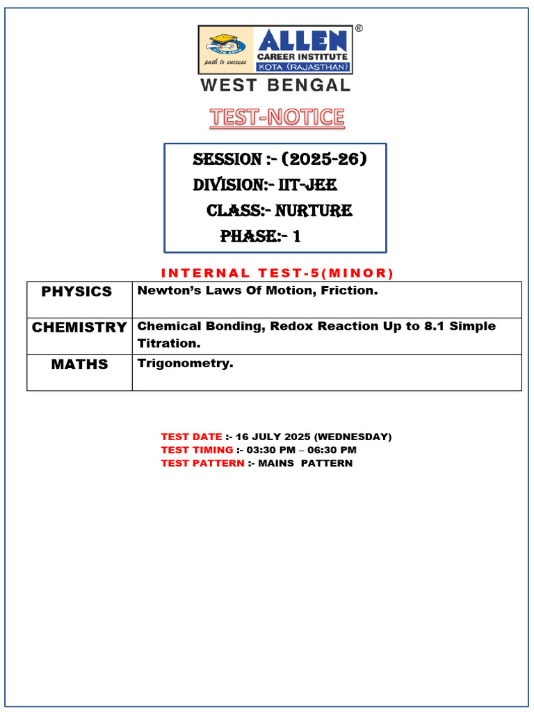 SESSION: - (2025-26) Division: - Iit-Jee Class: - Nurture PHASE: - 1 | PDF