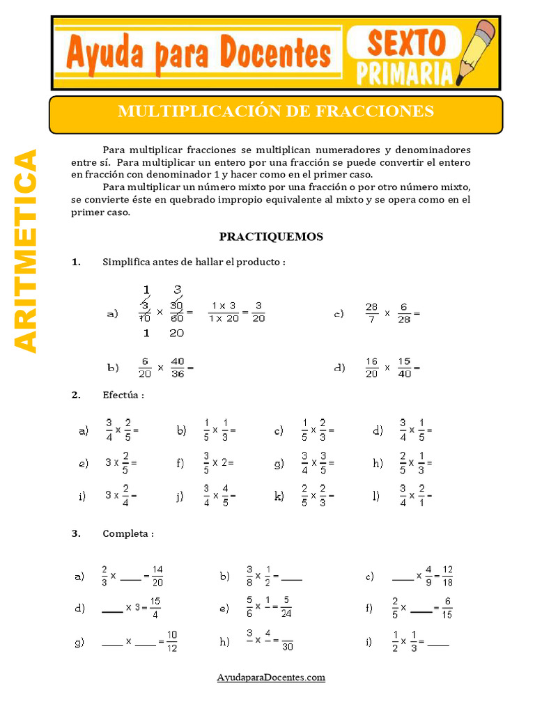 Fichas de Multiplicacion de Fracciones para Sexto de Primaria | PDF