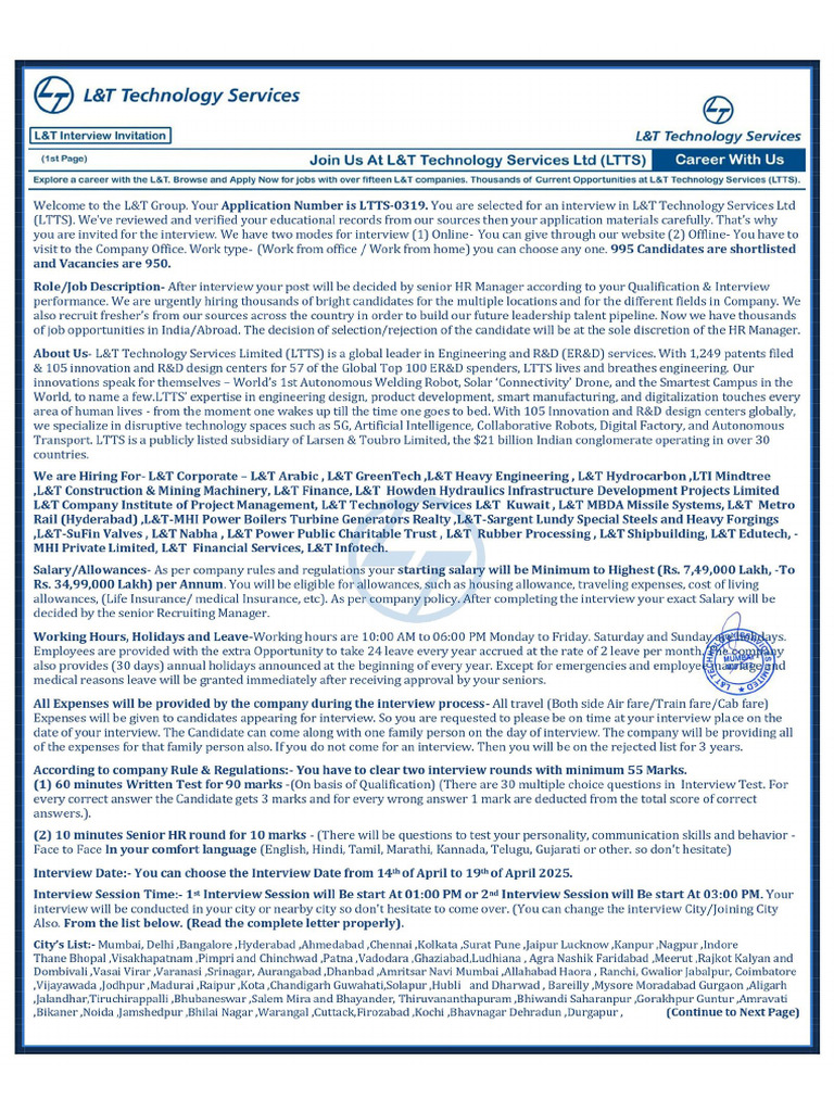Interview Invitation by LTTS | PDF