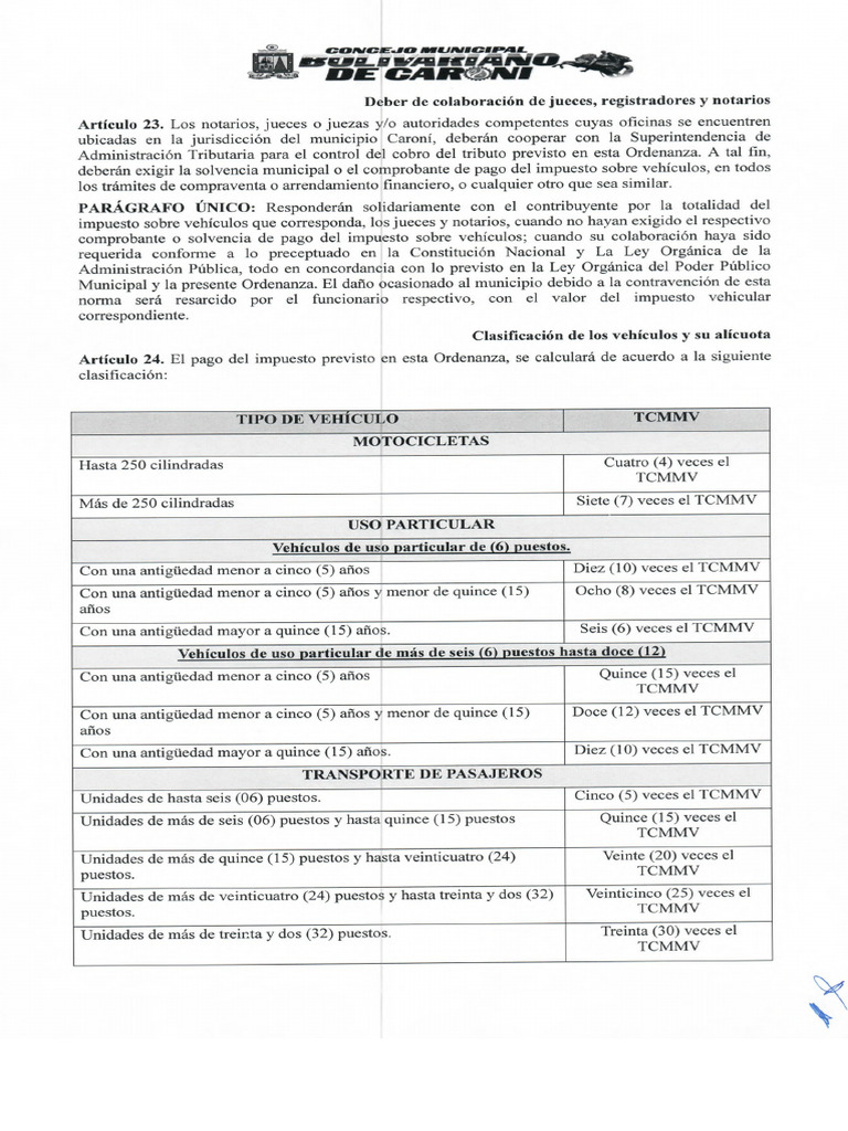 12 Ordenanza Impuesto Vehiculos 2023 Calculo | PDF