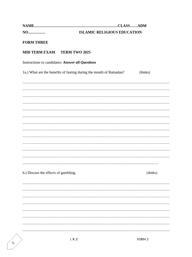 2025 Ire f3 Qs t2 Mid Exam Teache - Co .Ke | PDF | Islamic ...
