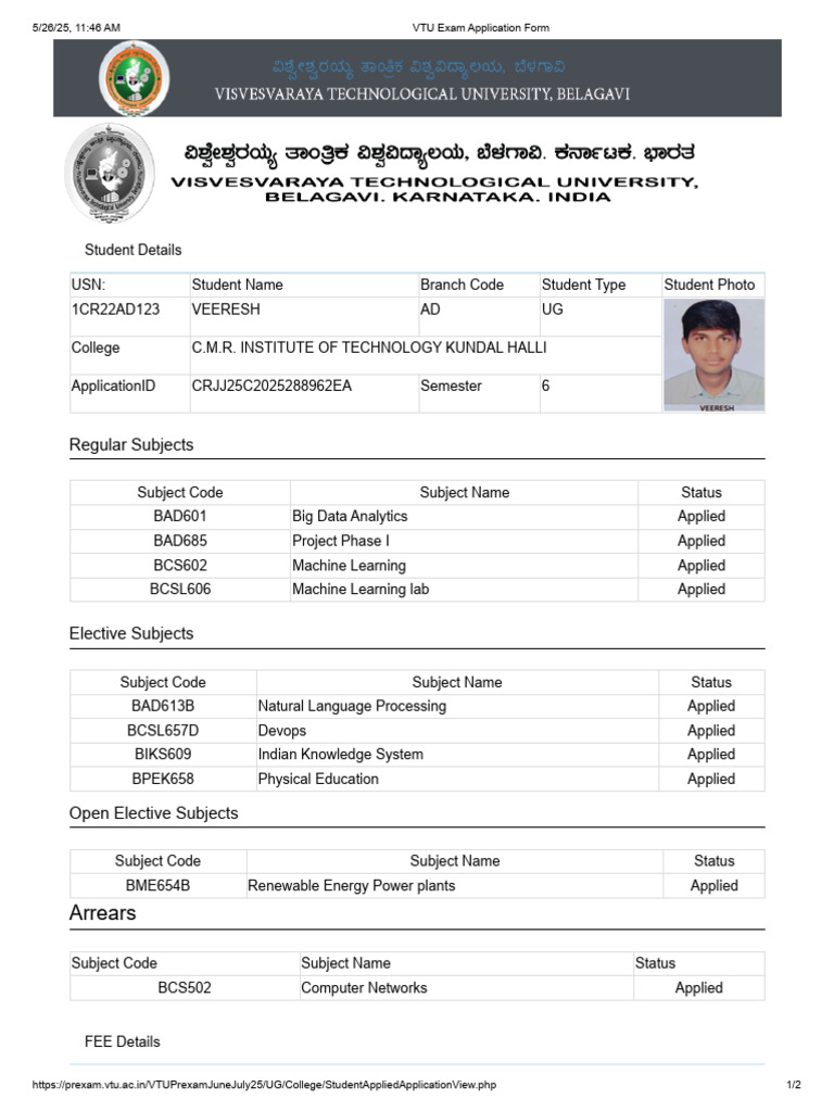 123 - VTU Exam Application Form - Veeresh | PDF