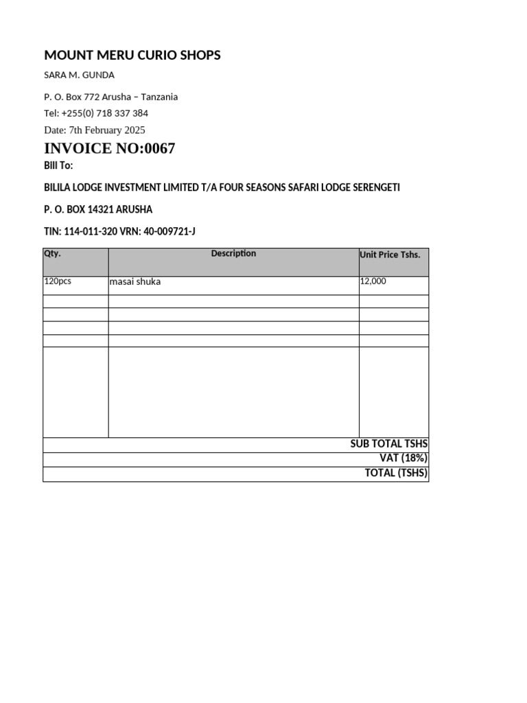 Bilila Lodge Invoice 0067 | PDF