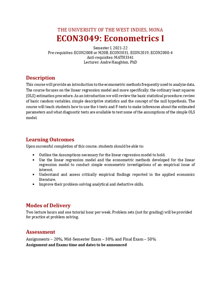 Econometrics I Course Overview 2021-22 | PDF | Regression Analysis | Ordinary Least Squares