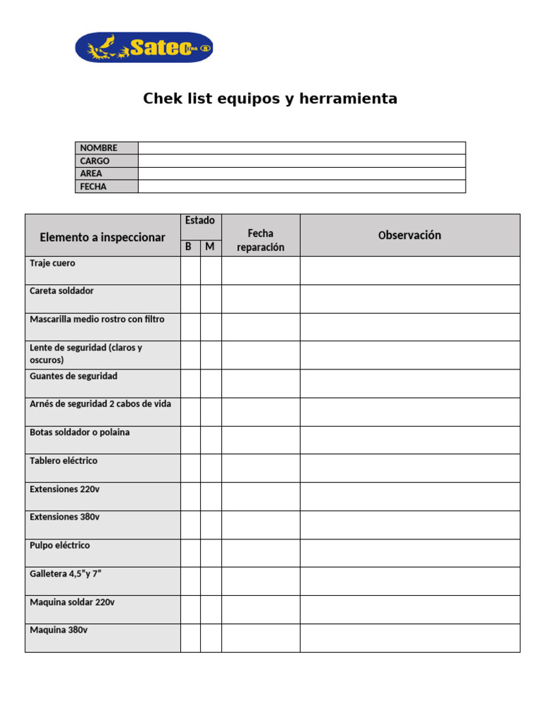 Chek List Equipos y Herramienta | PDF