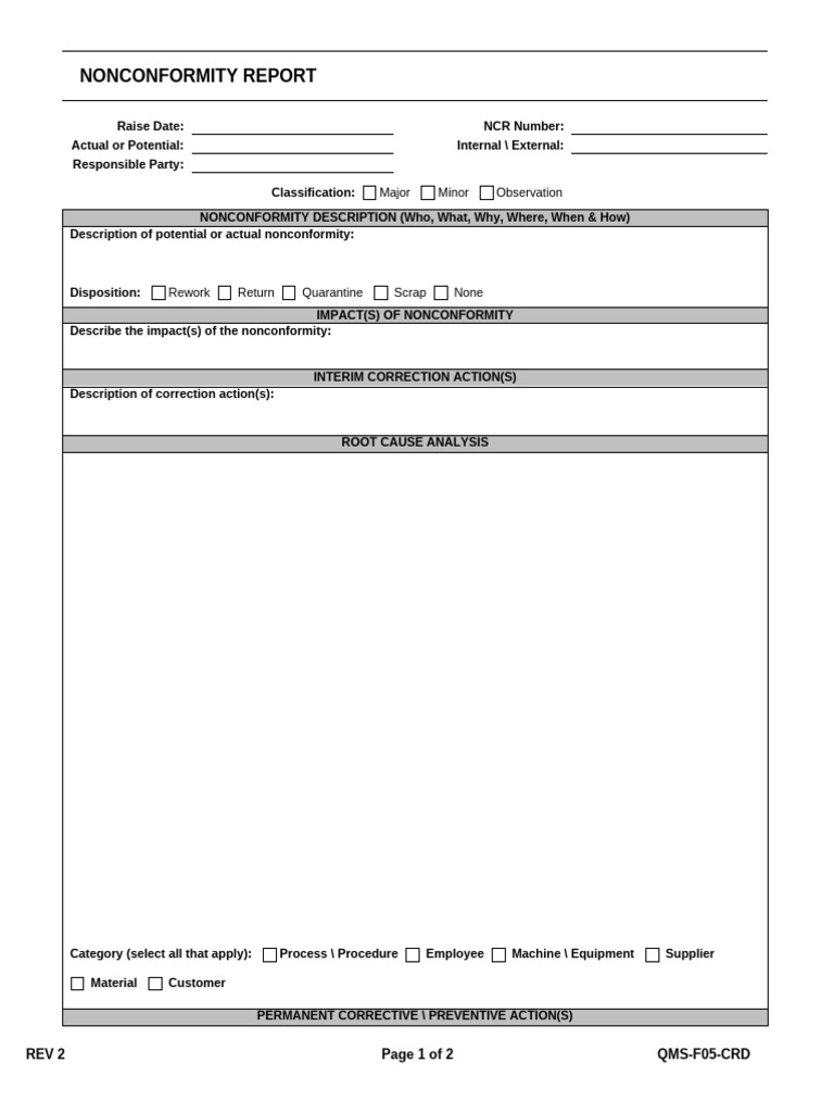QMS F05 CRD Nonconformity Report | PDF