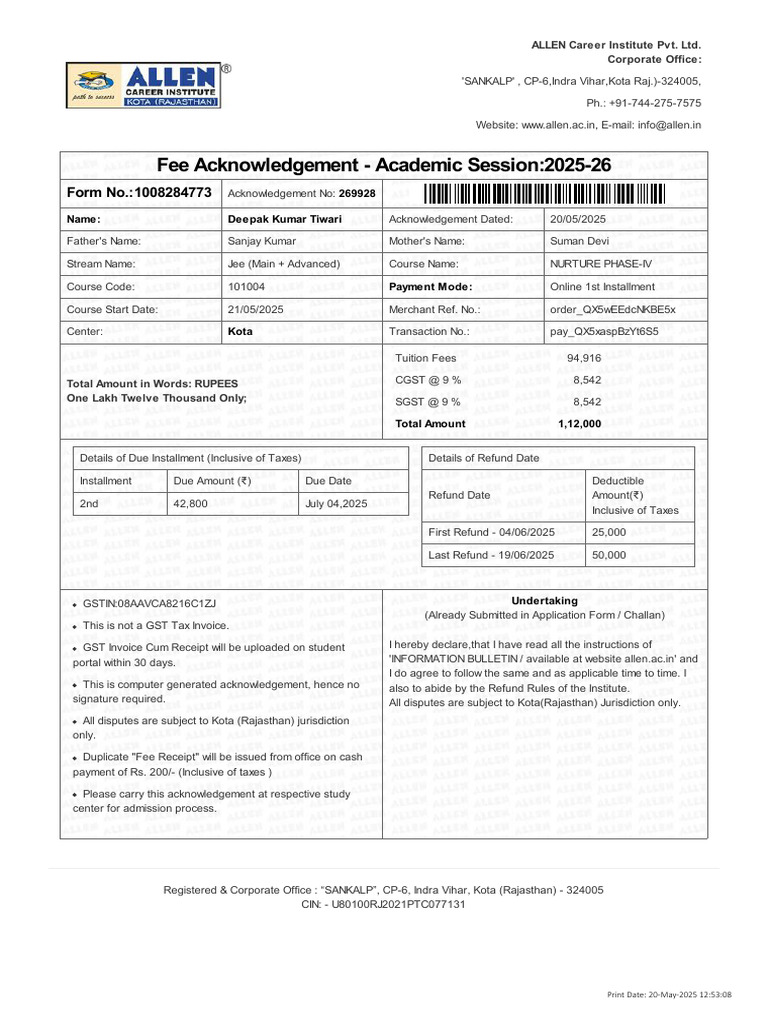 Fee Receipt - 1008284773 - 20-05-2025 12 - 53 - 08 | PDF | Receipt ...