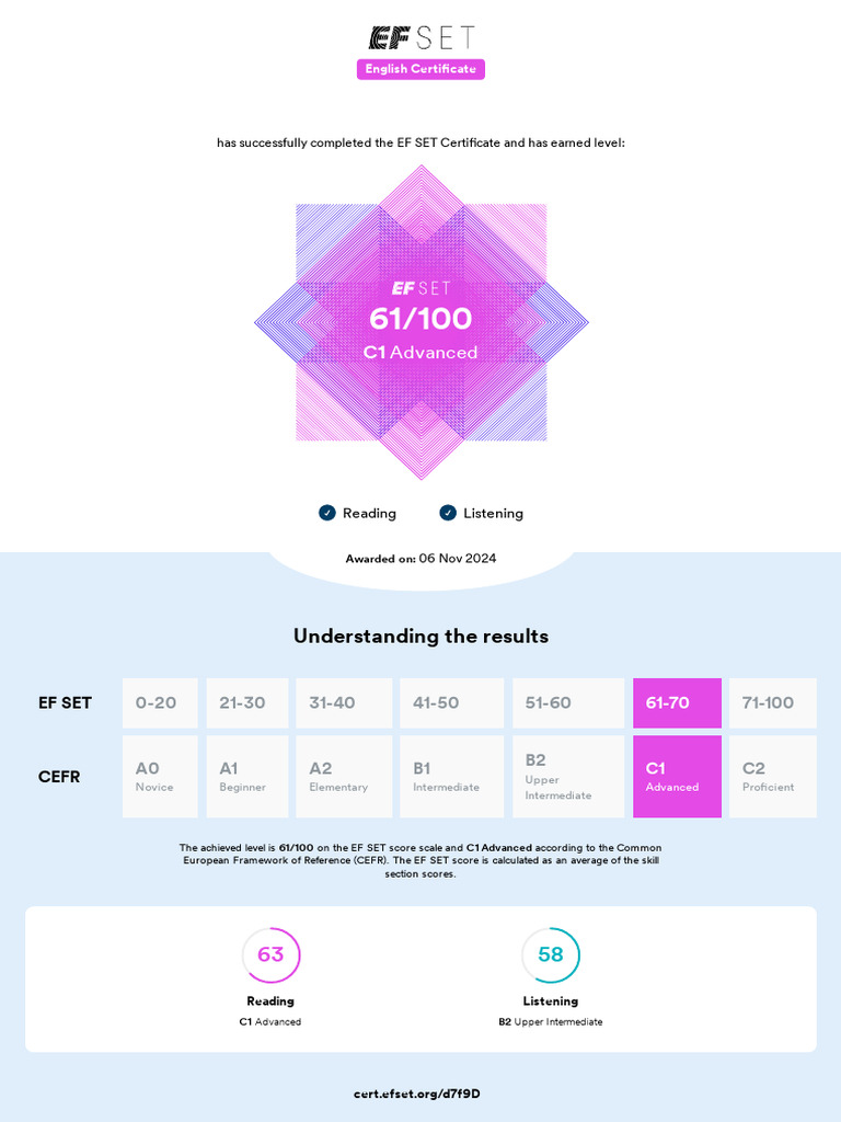 EF C1 Certificate Achievement | PDF