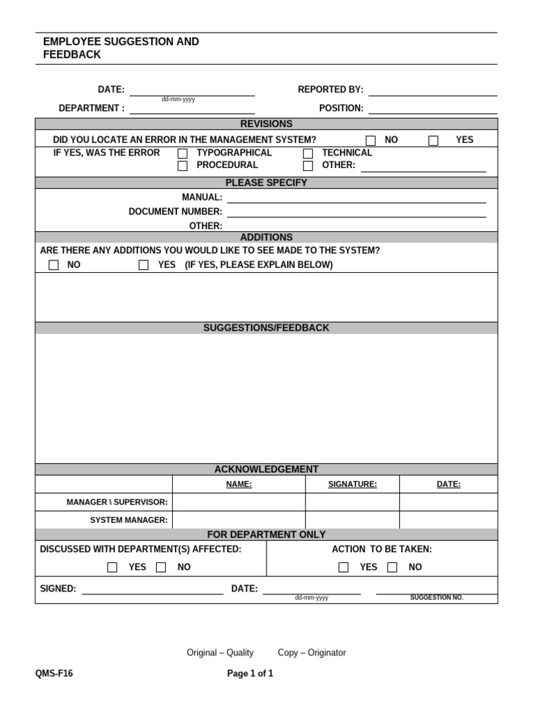 QMS-F16-CRD Employee Suggestion and Feedback Form | PDF
