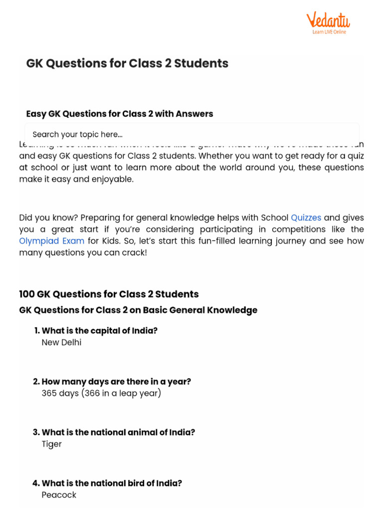 GK Questions For Class 2 Students | PDF
