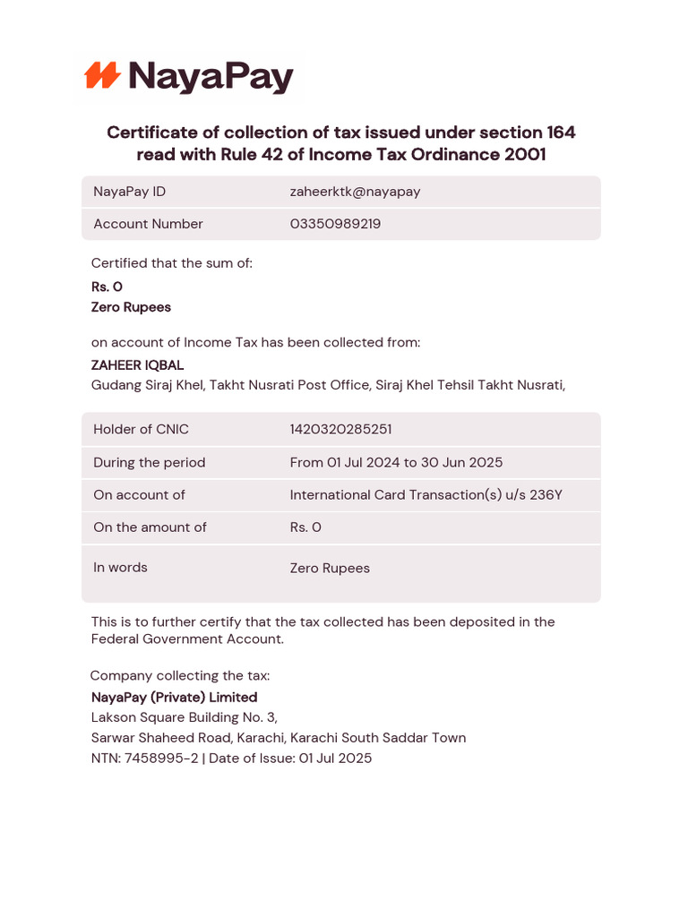 Certificate of Collection of Tax Issued Under Section 164 Read With ...