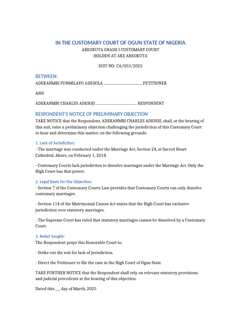 Preliminary Objection Customary Court | PDF