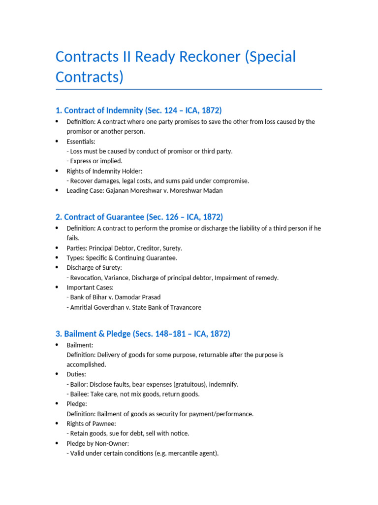 Contracts II Ready Reckoner | PDF | Guarantee | Private Law