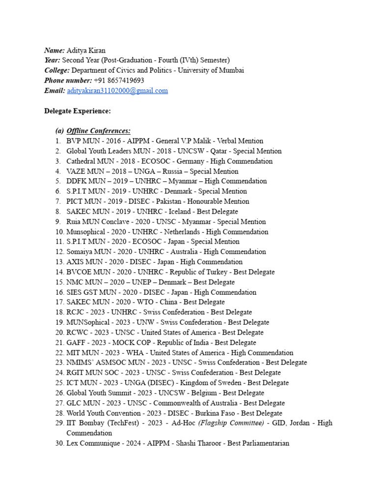 Revised - Aditya Kiran - Model United Nations (MUN) - Curriculum Vitae (CV) | PDF | United ...