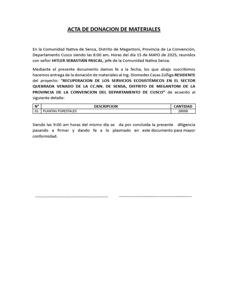 Acta de Donacion de Materiales | PDF