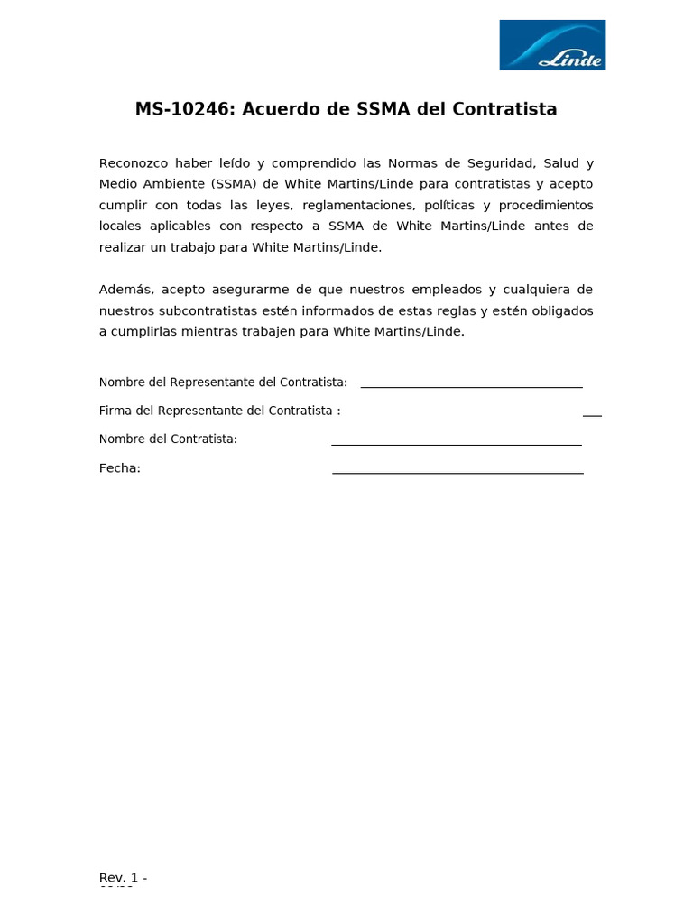 Anexo A - MS-10246 Acuerdo de SSMA Del Contratista | PDF