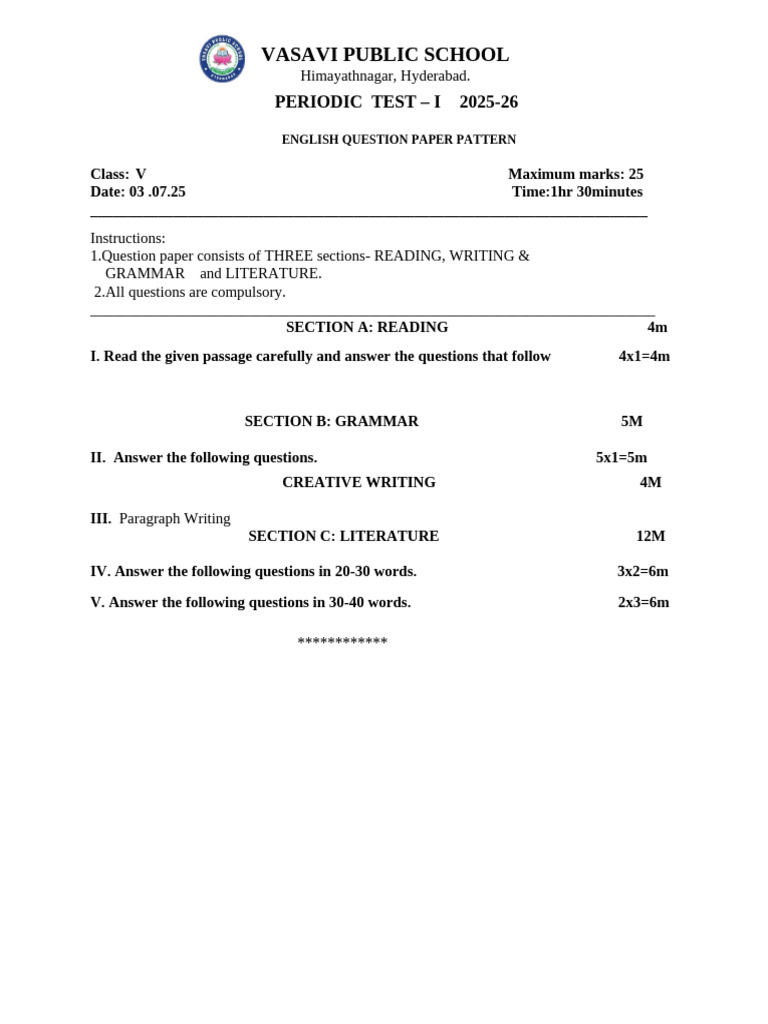Class 5 - PT1-QP Pattern 25-26 | PDF