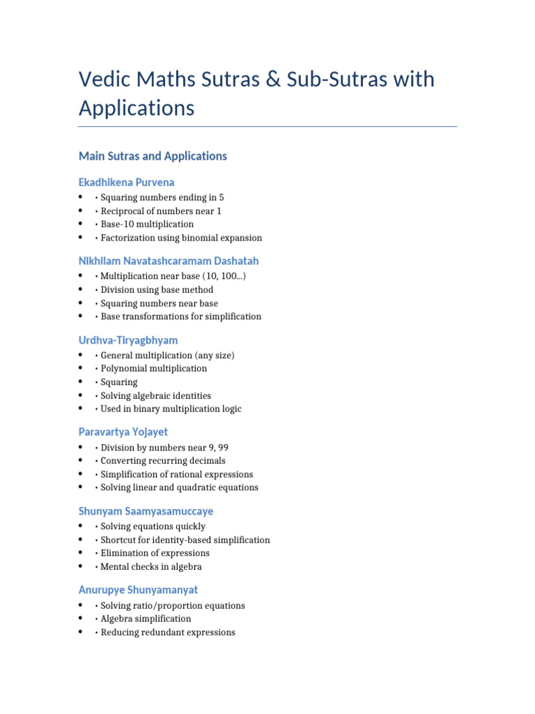Vedic Maths Sutras Applications | PDF | Multiplication | Algebra