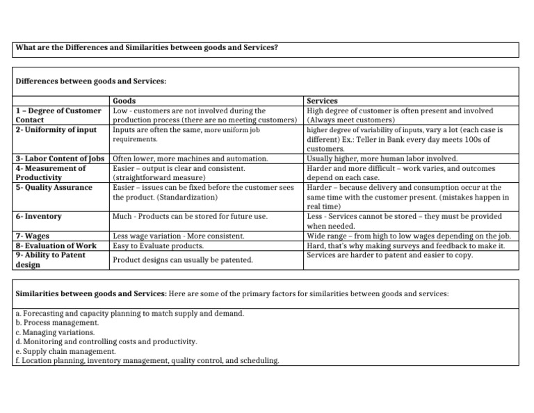 Similarities and Differences: Goods vs Services | PDF | Economies ...