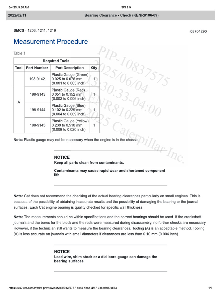 Bearing Clearance - Check (KENR8106-09) | PDF