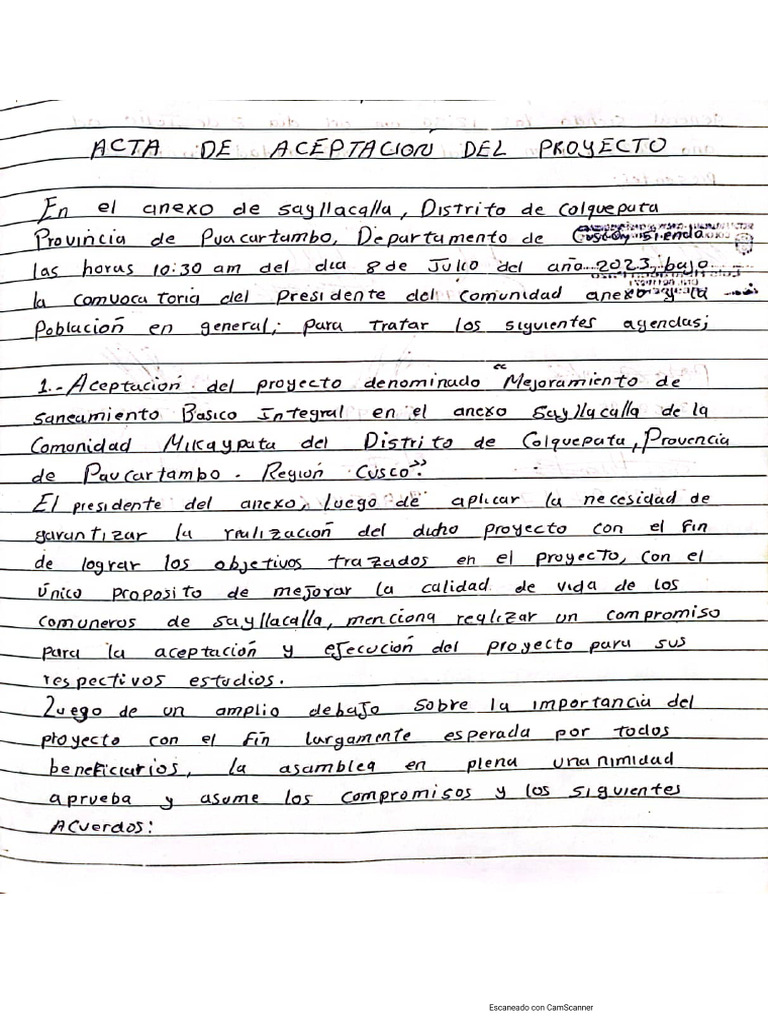Acta de Aceptacion de Proyecto Sayllacalla | PDF