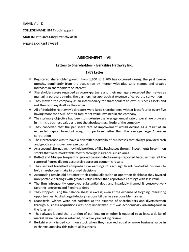 Assignment VII - Vitni D - IIM Trichy | PDF | Mergers And Acquisitions ...