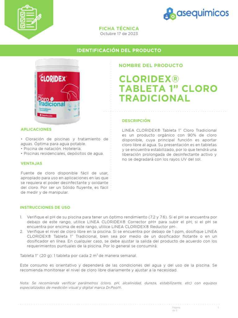 FichaTecnica TabletaTradicional 1 | PDF | Agua | Cloro