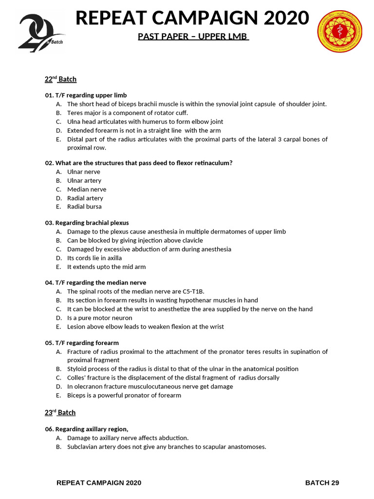 Upper Limb Anatomy Exam Questions | PDF | Arm | Shoulder