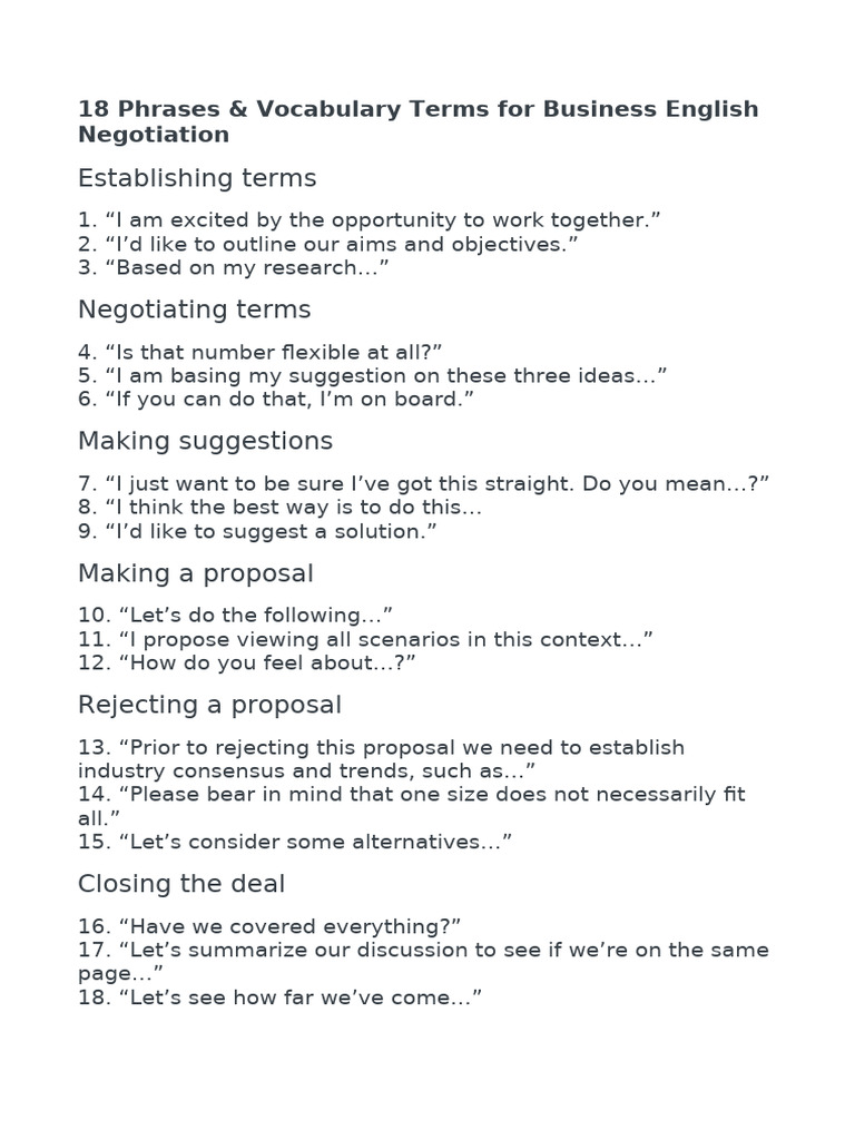 18 Phrases & Vocabulary Terms For Business English Negotiation | PDF