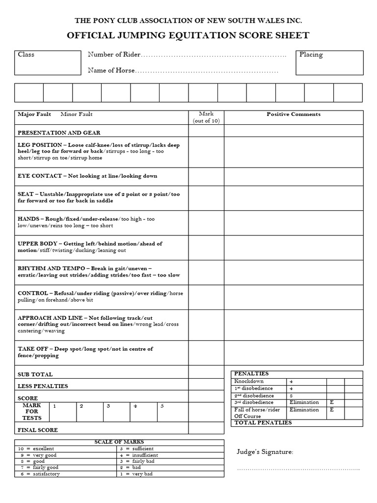 Jumping Equitation Score Sheet Template | PDF | Equus (Genus ...