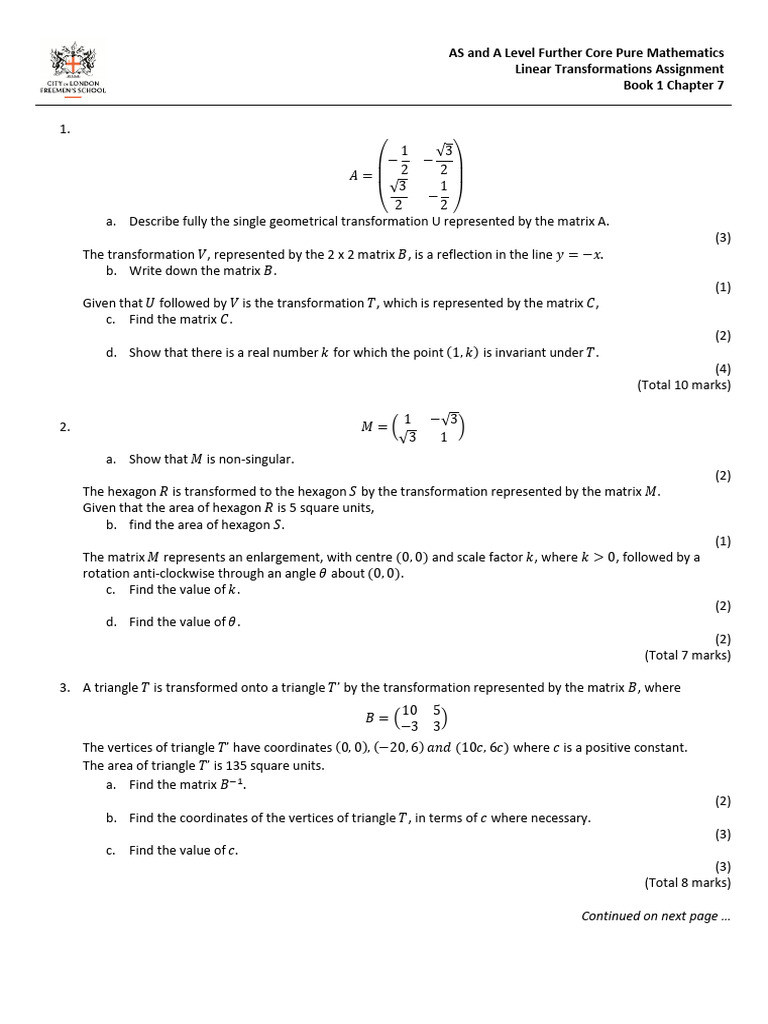 FCP BK 1 CH 7 Linear Transformations Qns | PDF | Matrix (Mathematics ...