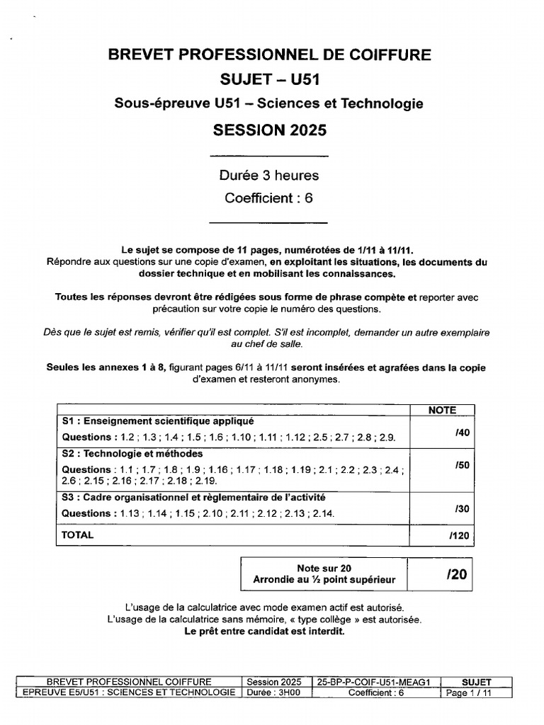BP Coiffure Juin 2025 Sujet | PDF