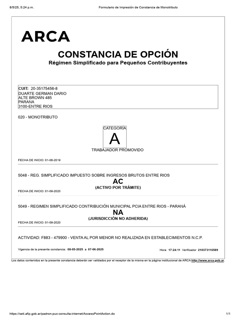 Formulario de Impresión de Constancia de Monotributo | PDF