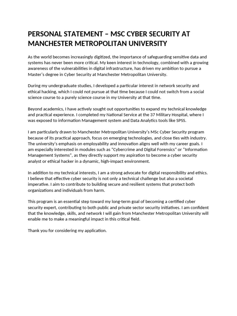 Personal Statement for MSc Cyber Security | PDF