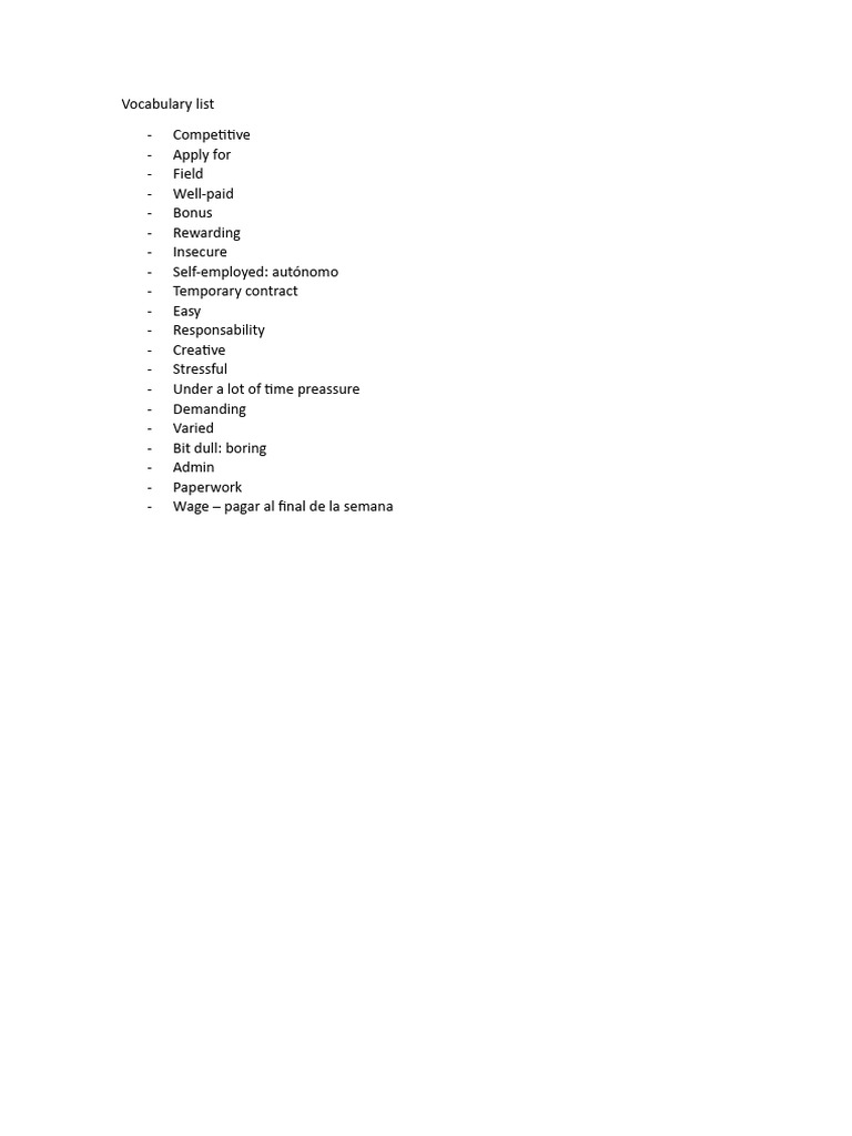 Vocabulary List - Unit 5 (Describing Jobs) | PDF