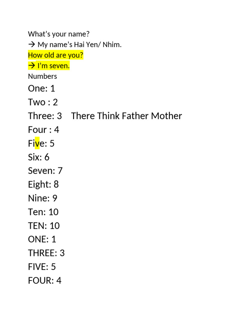 Basic English Numbers for Kids | PDF