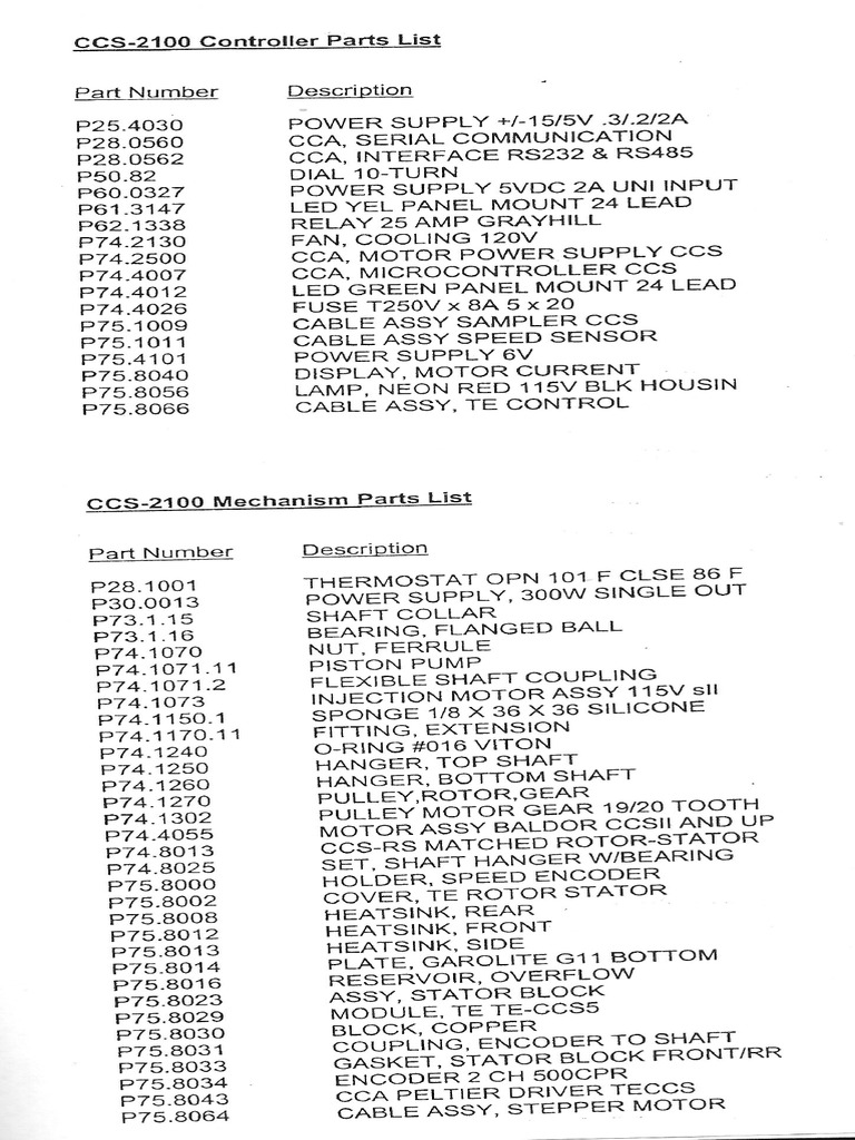 CCS 2100 Parts List | PDF