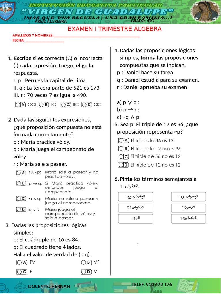 Examen I Trimestre Algebra 4to | PDF | Matemáticas