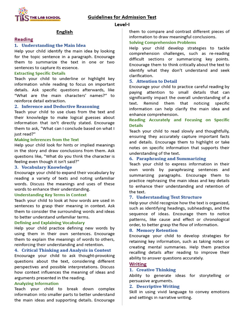 Admission Test Guidelines (Level-I) | PDF | Reading Comprehension ...