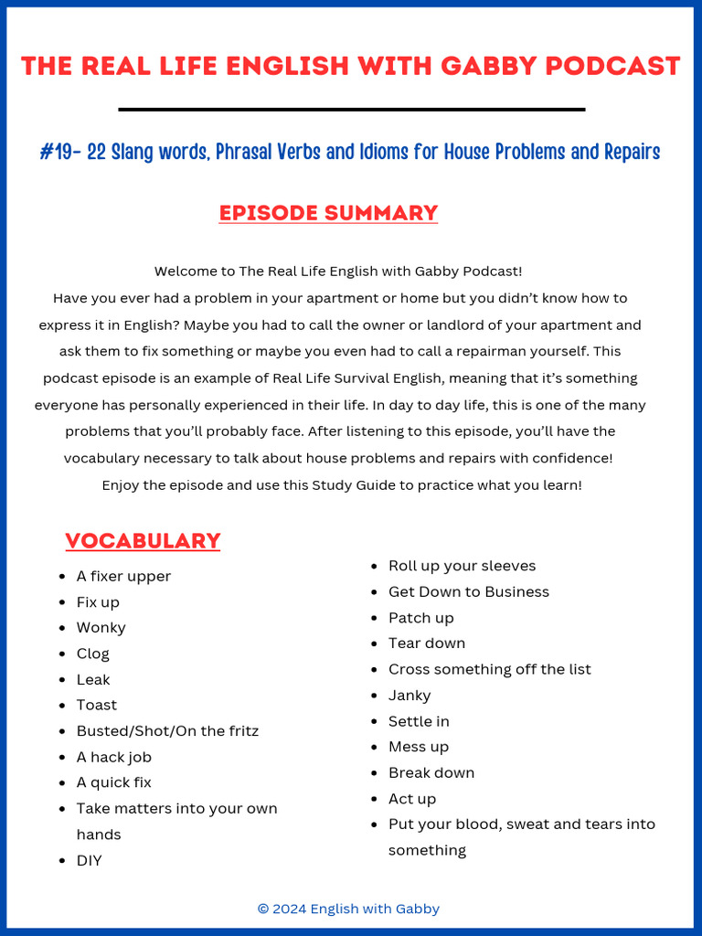 #19 - 22 Slang Words, Phrasal Verbs and Slang Words For House Problems and Repairs | PDF ...