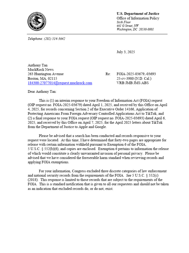 DOJ Letters Regarding TikTok | PDF | Freedom Of Information Act (United ...