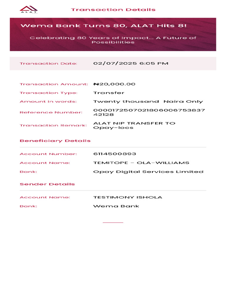 ALAT Transfer Receipt - TEMITOPE - OLA-WILLIAMS - 6114500893 - 20,000. ...