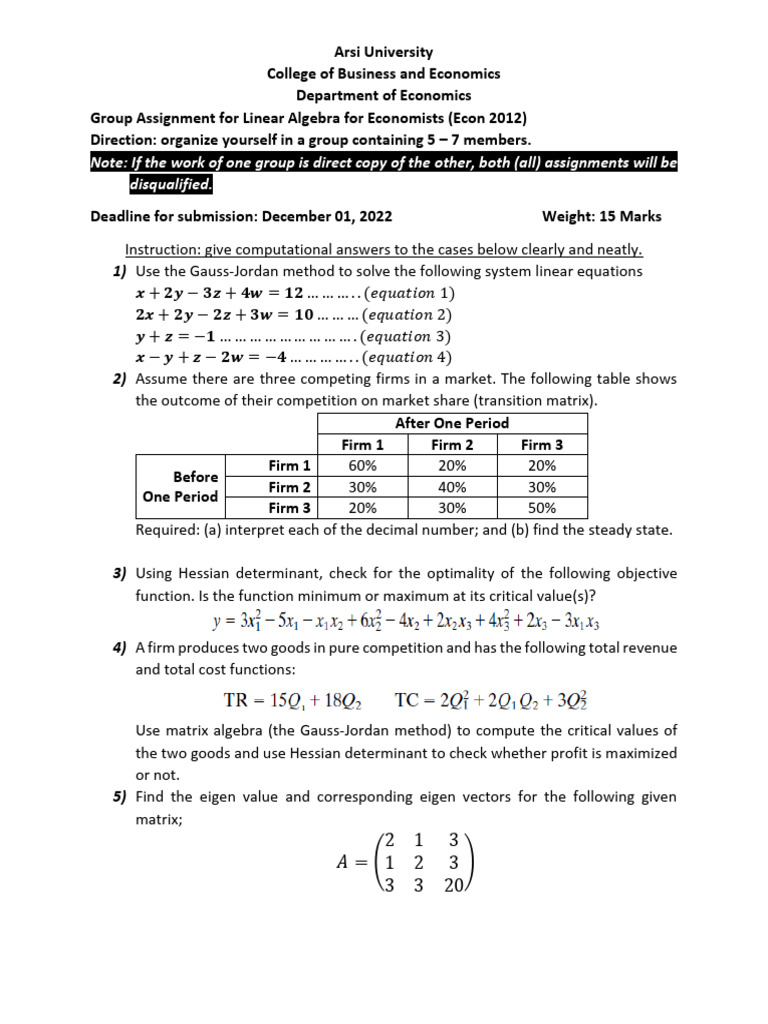 Linear Algebra Assignment PDF | PDF